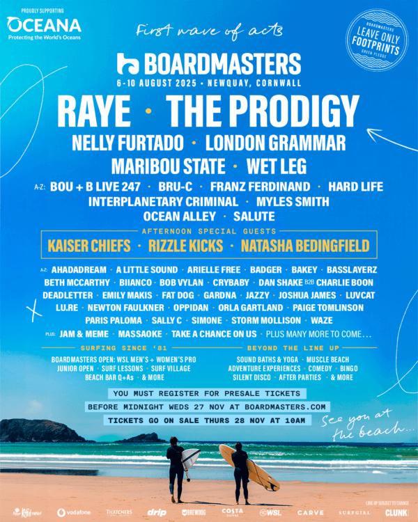 Boardmasters 2025: RAYE and The Prodigy Headline with a Massive First Wave of Acts - CornishStuff
